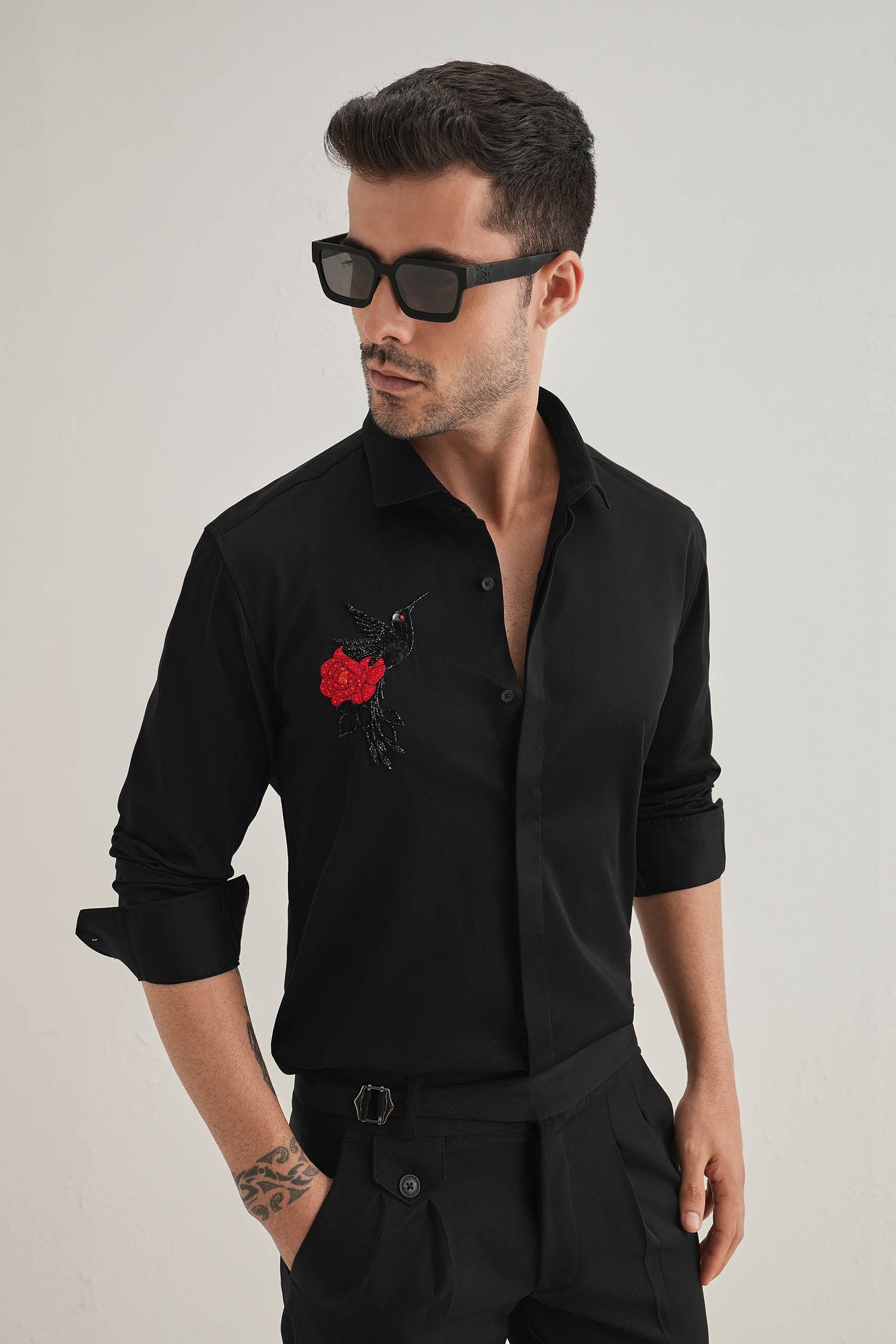 Song Bird Hand Embroidered Designer Shirt - Black – Komal Kothari